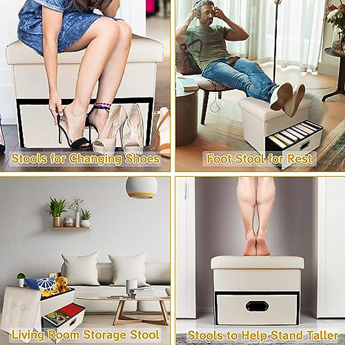 VewePata Folding Storage Ottoman with Drawers, 17 inch, Beige, Leather