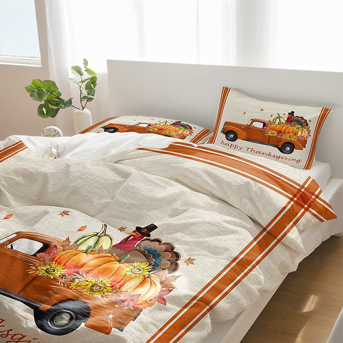 Autumn Orange Truck Queen Duvet Covers Farm Car Thanksgiving Turkey Pumpkins 3-Piece Bedding Sets Luxury Soft Microfiber Bed Comforter Protector with Pillow Cases for Women Men Girl Boy Orange Line