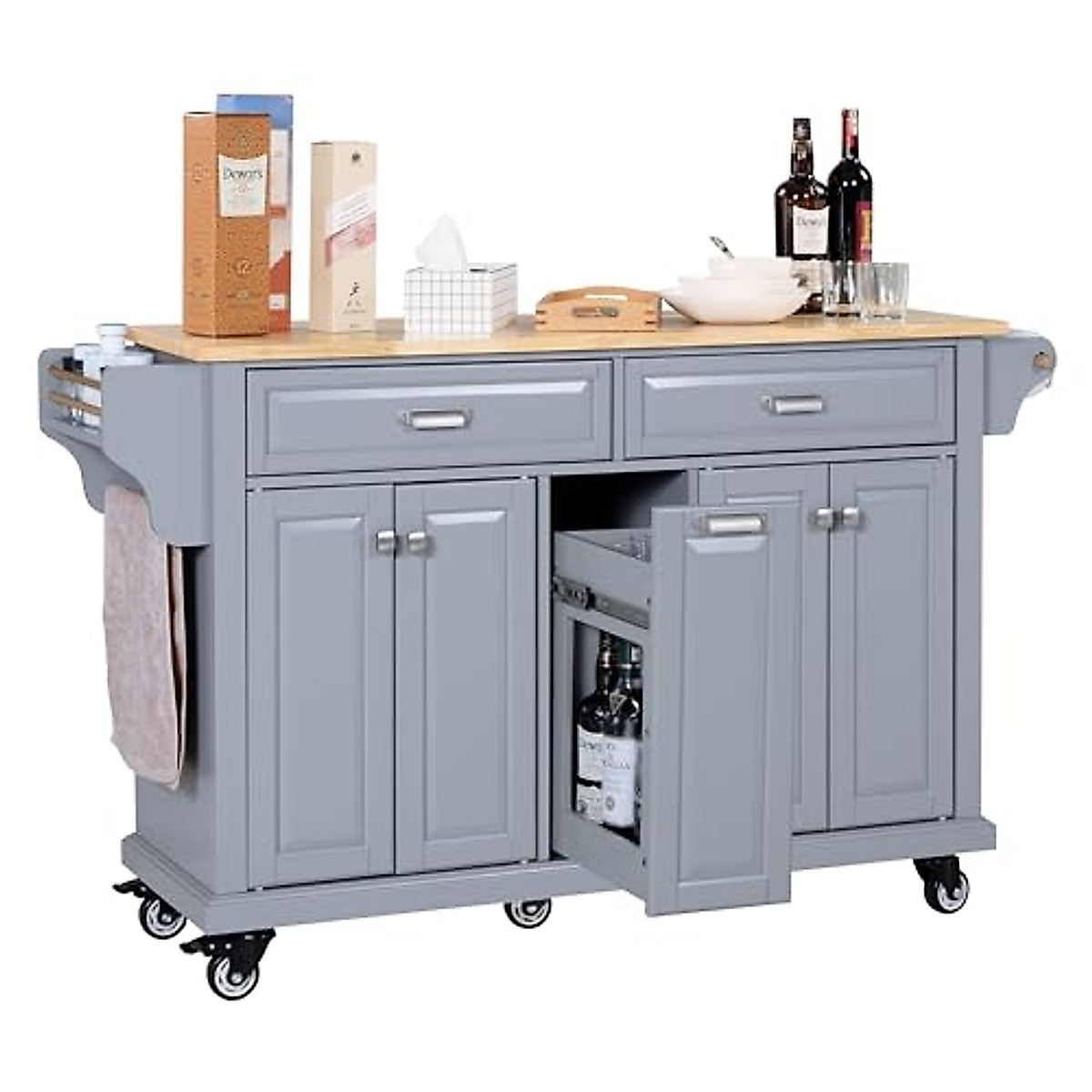 Cambridge Rolling Kitchen Island on Wheels Utility Cart with Spice and Towel Racks and Rubber Wood Countertop, Storage Drawers, Door Cabinets, Gray
