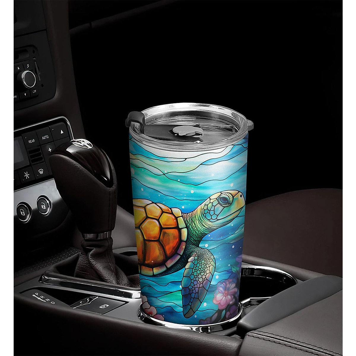 20oz Blue Stained Glass Flower Sea Turtle Tumbler, Gifts for Turtle Lovers, Ocean, Beach Gifts, Coffee Thermos for Women, Stainless Steel Double Wall Vacuum Insulated Coffee Mug, Travel Cup with Lid
