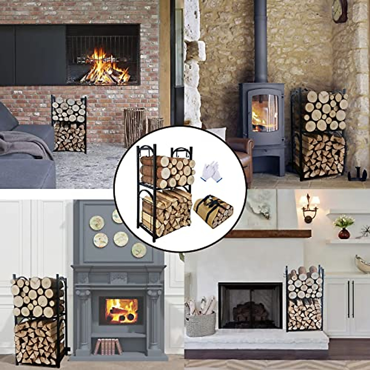 luseiya 2 Tiers Firewood Log Storage Rack with Carrier - Wood Holders, Wood Stacking Rack for Indoor Fireplace or Outdoor Patio for Wood Stove, Hearth, Fire Pit, Black