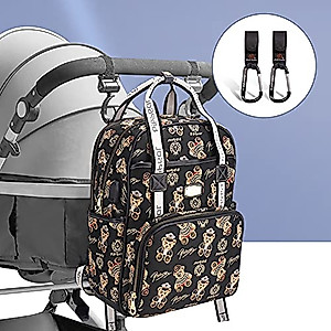 pipi bear Diaper Bag Backpack, Jacquard Diaper Backpack with Changing Pad and USB Charging Port, Stylish Baby Bag for Mom Dad, Black