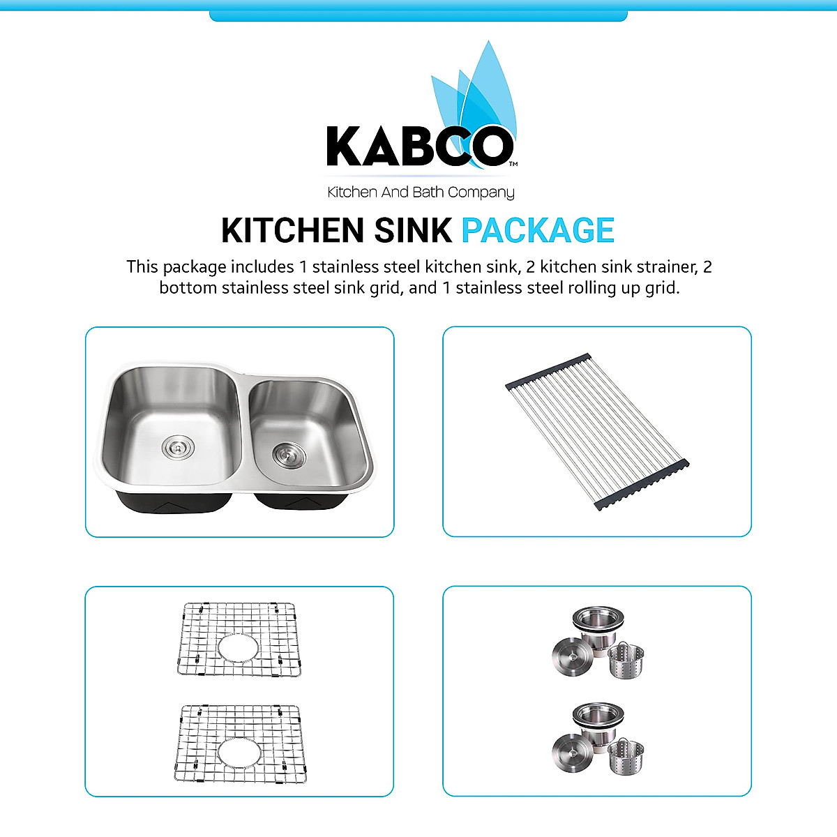 KABCO 32 Inch Big Double Unequal Bowl Stainless Steel Classic Kitchen Sink, Rust Resistant, Sound and Heat Proof 18 Gauge Undermount Sink with Sink Strainers, Sink Grids and rolling up grid