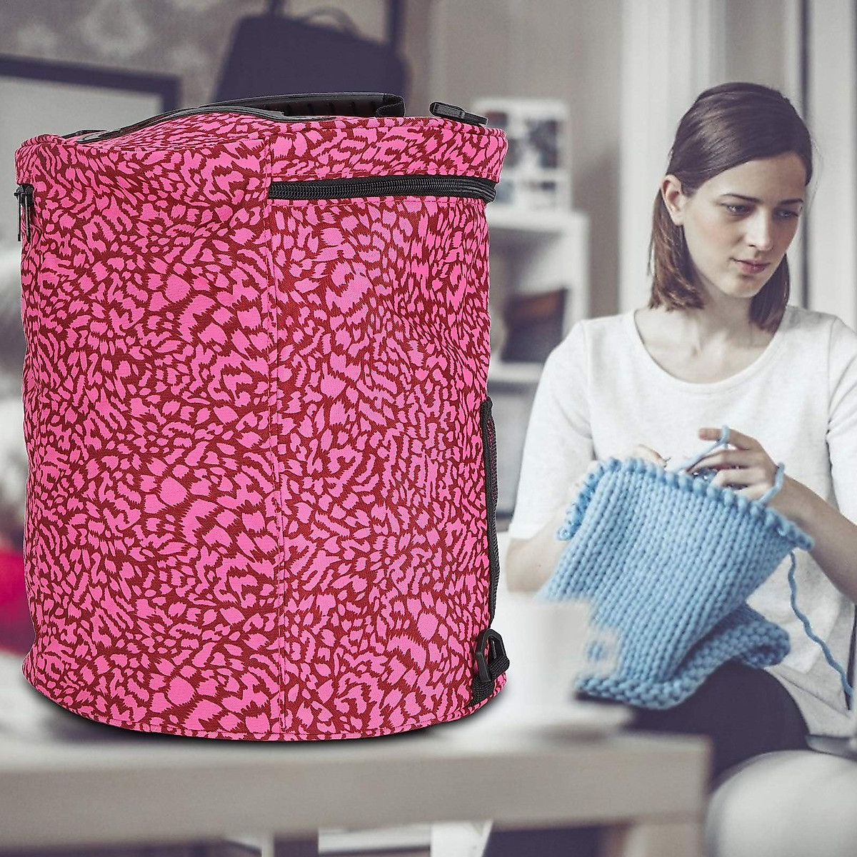 XHTLLO Crochet Bag, Cylindrical Knitting Bag Yarn Storage Organizer, Portable Yarn Organizer Crochet Bag with Detachable Carrying Strap, Crochet Supplies Gift