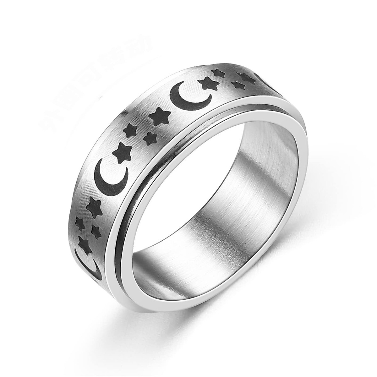 COLORFUL BLING 4 Piece Stainless Steel Spinner Band Ring Set Hypoallergenic Relieving Stress Moon Star Heart Sand Blast Finish Wedding Ring-Size 12
