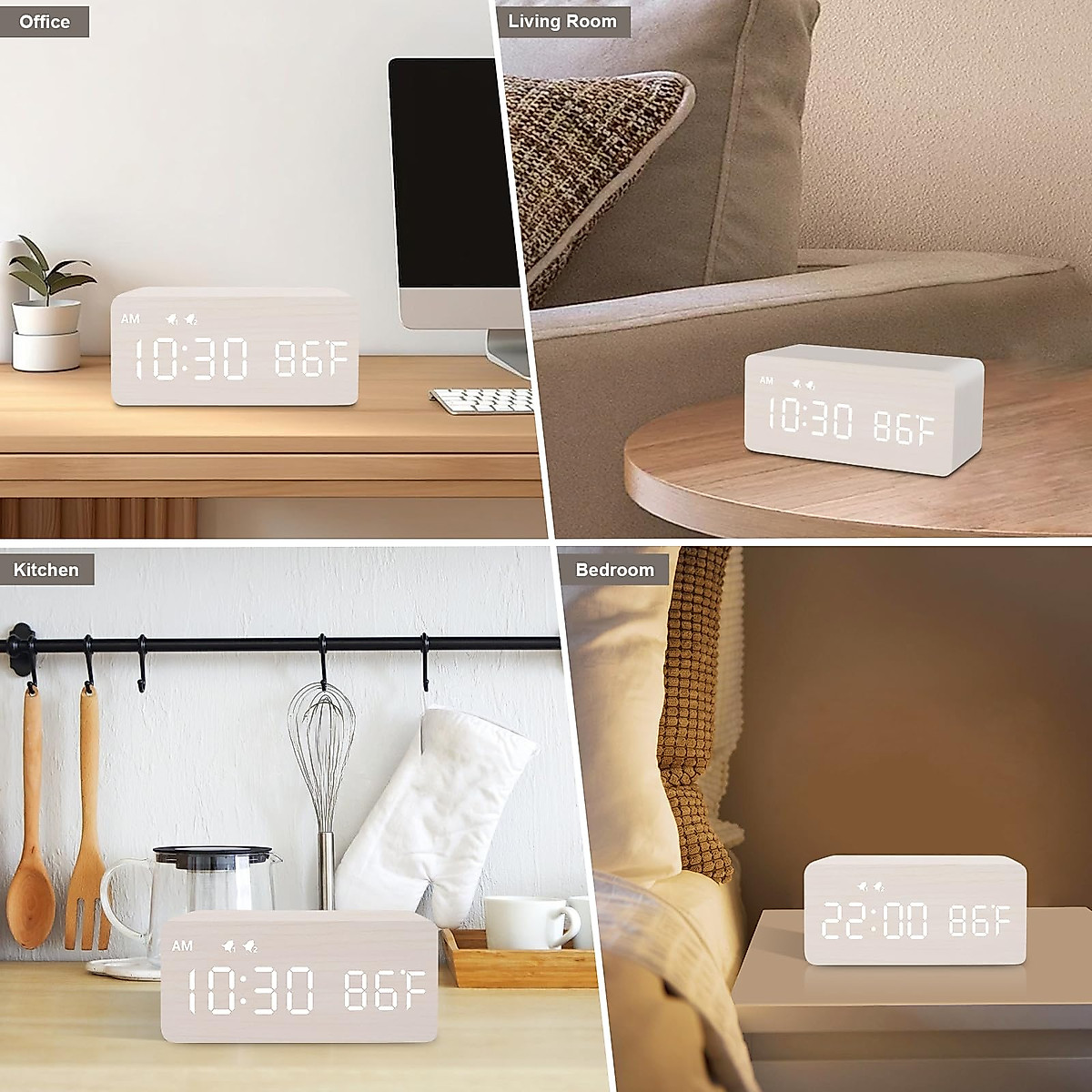 MOSITO Digital Wooden Alarm Clock with Wireless Charging, 0-100% Dimmer, Dual Alarm, Weekday/Weekend Mode, Snooze, Wood LED Clocks for Bedroom, Bedside, Desk, Kids (White)