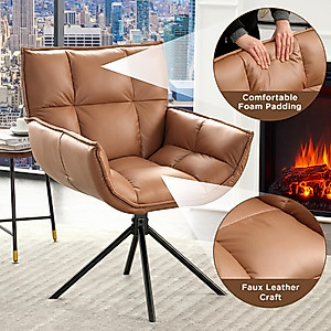 Fahomiss 360° Swivel Desk Chair No Wheels - Mid-Century Modern Desk Chair, Upholstered Faux Leather Desk Chair with Metal Legs, Office Chair for Living Room Reading Room Office(Brown, X1)