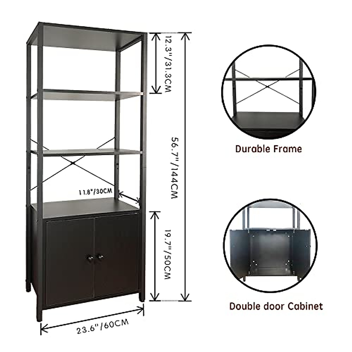 Jahof 4-Layer Industrial Bookshelf, Bookcase with 2 Doors, Standing Storage Cabinet for Living Room, Home Office, Bedroom, Washroom, Kitchen (4-Tier, Black)