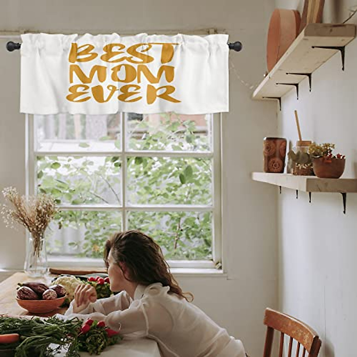 Funnywall88 Curtain Valance for Kitchen,Gold Best Mom Ever White Background Window Treatment Valance Curtains Rod Pocket Valances for Living Room,Dining Room,Bedroom,Kitchen Valance 42"x18"