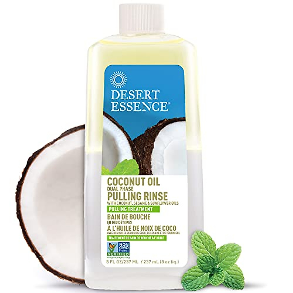 Desert Essence Coconut Oil Dual Phase Pulling Rinse, Mint, 8 fl oz - Alcohol Free, Sugar Free, Gluten Free, Vegan, Non-GMO - Organic Virgin Coconut Oil, Sesame Oil, Sunflower Oil & Tea Tree Oil