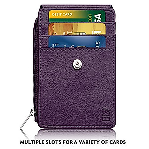 ELV Badge Holder with Zipper, PU Leather ID Badge Card Holder Wallet with 5 Card Slots, 1 Side RFID Blocking Pocket and 20 inch Neck Lanyard Strap for Offices ID, School ID, Driver Licence (Purple)