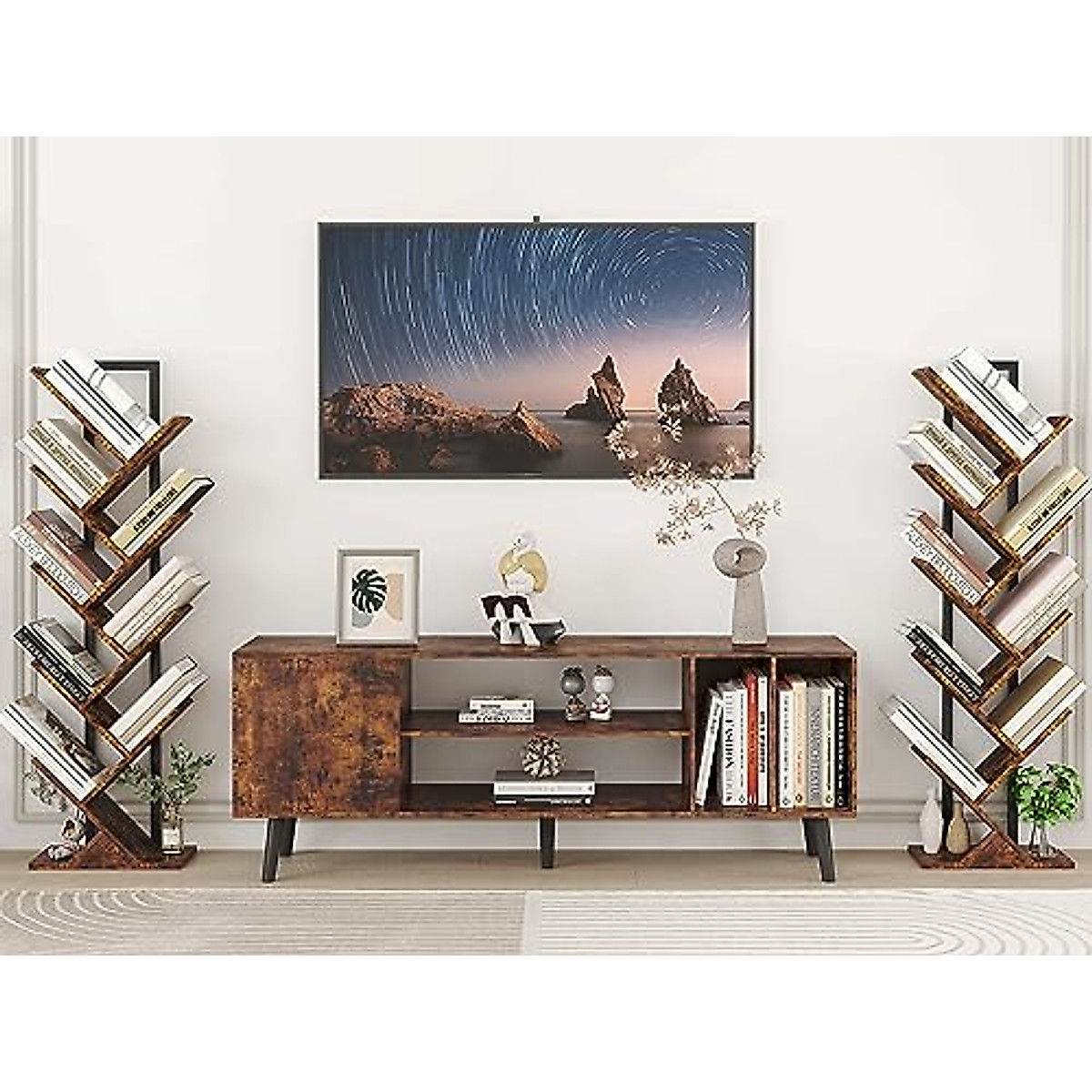 Yusong Tree Bookshelf, Geometric Bookcase with Steel Pipe for Living Room Bedroom, Floor Standing Shelves for Home Office (Rustic Brown, 9 Tier)