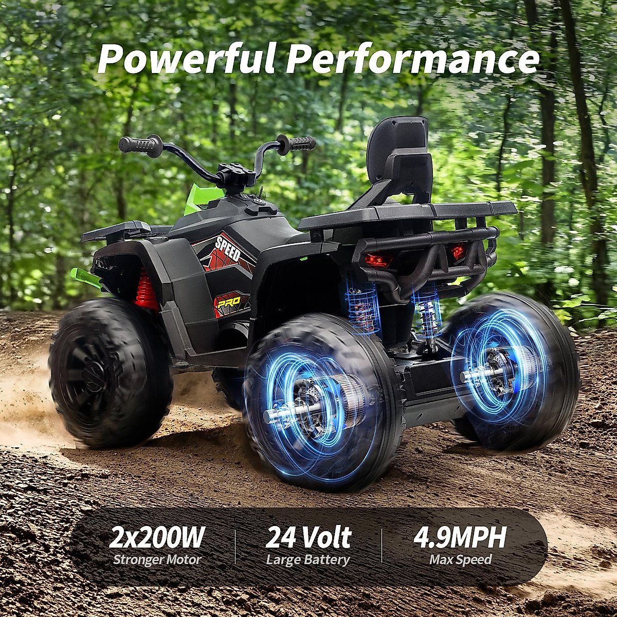 Hikiddo Kids ATV 4 Wheeler, 24V Ride On Toys Car for Big Kids with 400W Motor, 2 Seater - Green