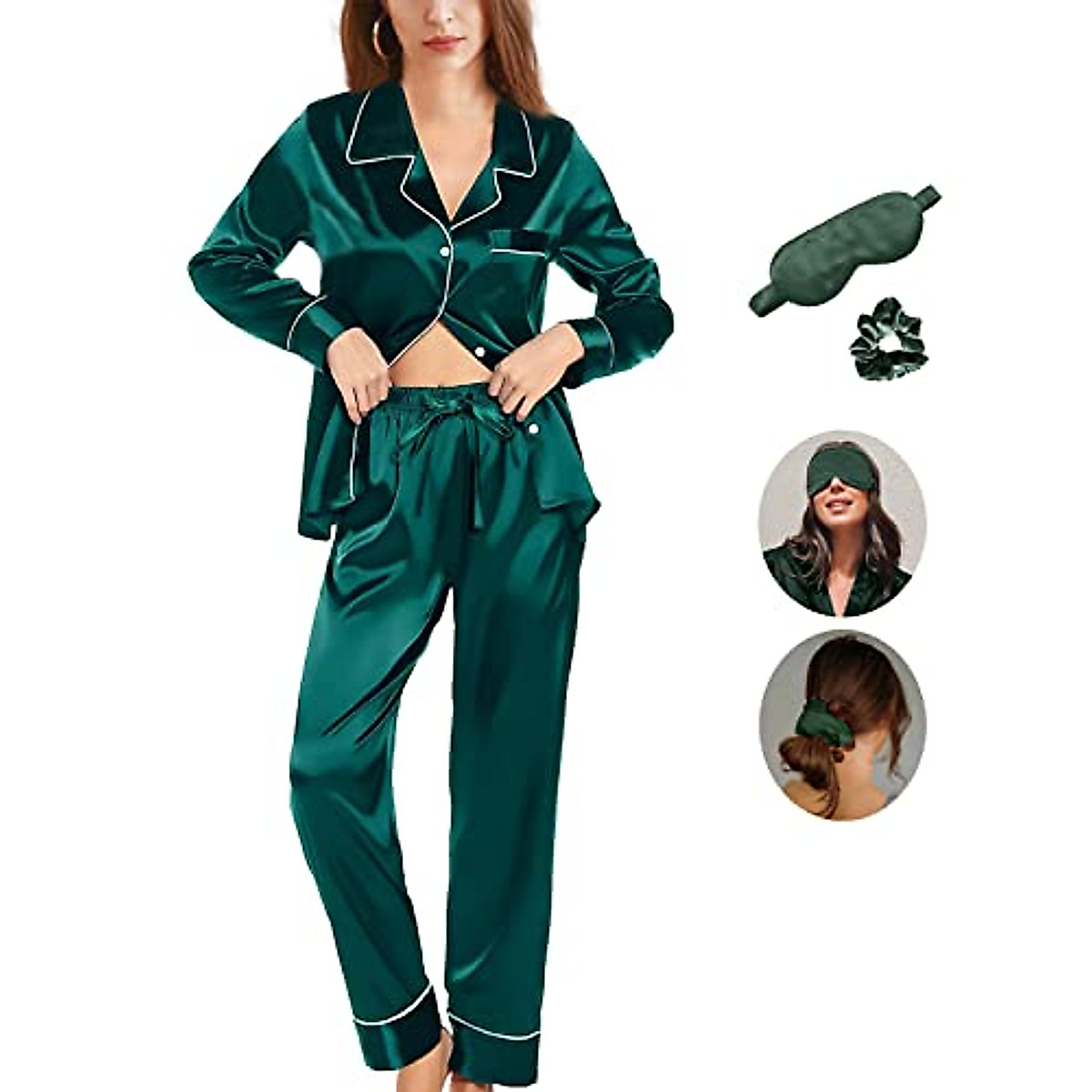 WJing Yi Jia Womens Pajama Set Silk Satin Pajamas Long 2pc Pjs Button Down Sleepwear Pj Set Loungewear