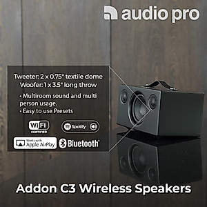Audio Pro Addon C3 Wireless Bluetooth Speaker | High Fidelity, WiFi Multiroom, Rechargeable, Portable Speaker | AirPlay, Alexa, Spotify Connect Compatible Home & Outdoor Speaker | Black