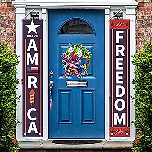 4th of July Banner Porch Sign, Independence Day American Flag Banner Outdoor Patriotic Decorations Hanging Signs Banners - Fourth of July Patriotic Banner Decrations for Front Door Yard (2 Pcs)