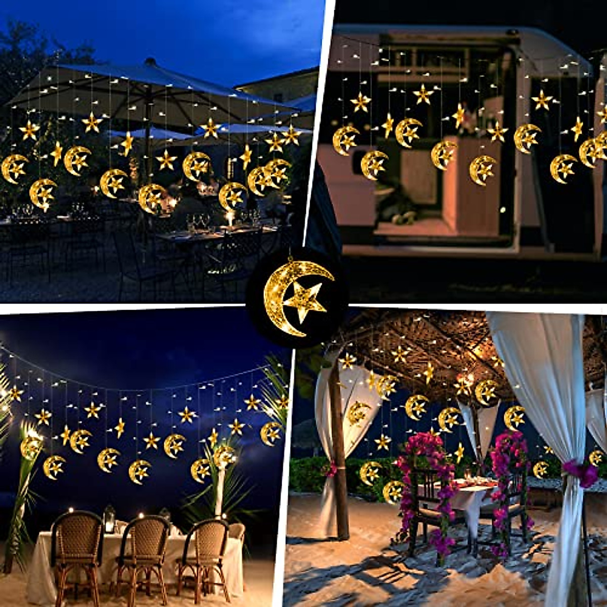 Solar Curtain Lights Outdoor Star and Moon Light 138 LED Waterproof Fairy String Lights Solar Powered 8 Modes Hanging String Lights for Window Fence Tent Garden Patio Home Outdoor Decor (Warm)