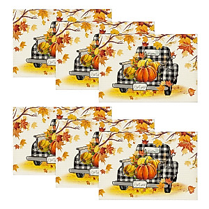 Artoid Mode Maple Leaves Pumpkins Buffalo Plaid Truck Placemats Set of 8, 12x18 Inch Fall Autumn Thanksgiving Harvest Table Mats for Dining Decoration