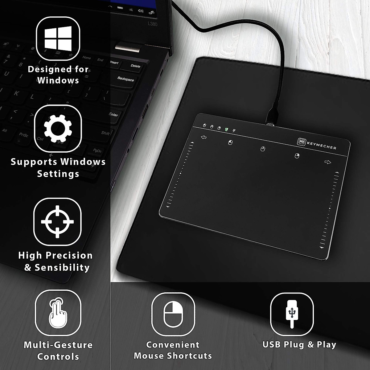 KEYMECHER Mano Multi-Gesture Wired Trackpad for Windows 7 and Windows 10, USB Slim Touchpad Mouse for Computer, Notebook, PC, and Laptop (Aluminum Black, Support Windows Precision Touchpad)