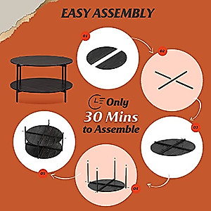 WLIVE Round Coffee Table, Living Room Table with 2-Tier Storage Shelf,32in Wood Modern Coffee Table with Metal Frame and Wood Desktop,Easy Assembly,Charcoal Black.