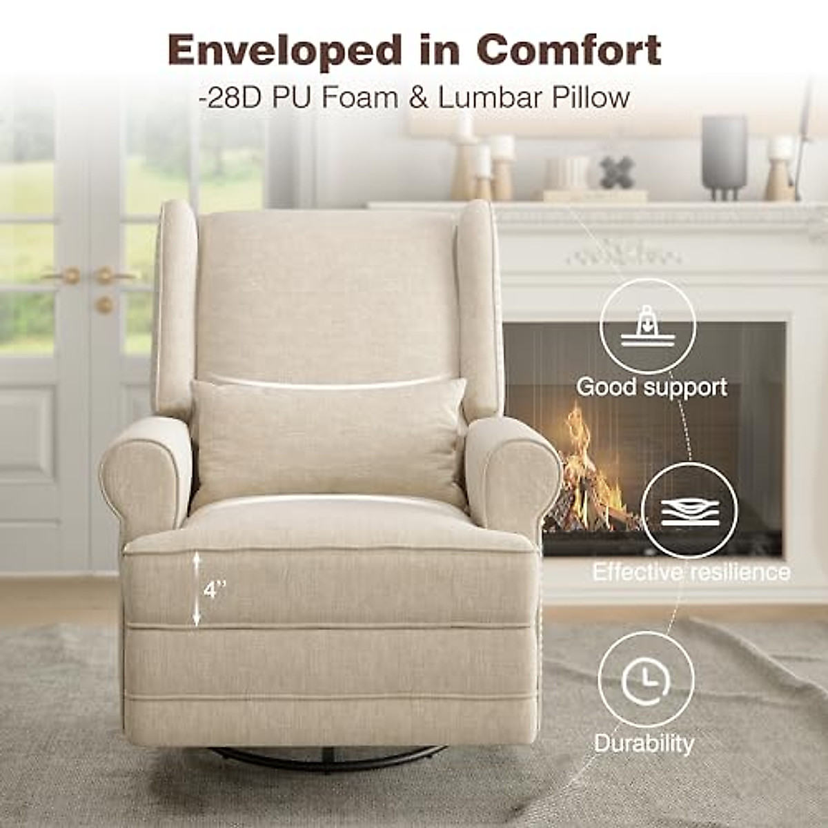 FansaFurn Recliner Comfy Upholstered Glider Lumbar Pillow and Footrest, Swivel Rocking Chair for Living Room, Beige
