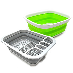 SAMMART 2pcs Kitchen & Outdoor Set : Collapsible Dish Drainer & 7.7L Collapsible Plastic Tub/Basin (2, Grey+Green)