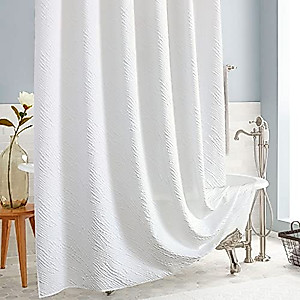 MitoVilla White Modern Fabric Shower Curtain, Farmhouse Waves Cloth Shower Curtains for Neutral Hotel Bathroom Decor, 3D Geometric Embossed Textured, Durable & Wrinkle Resistant, 72 x 72