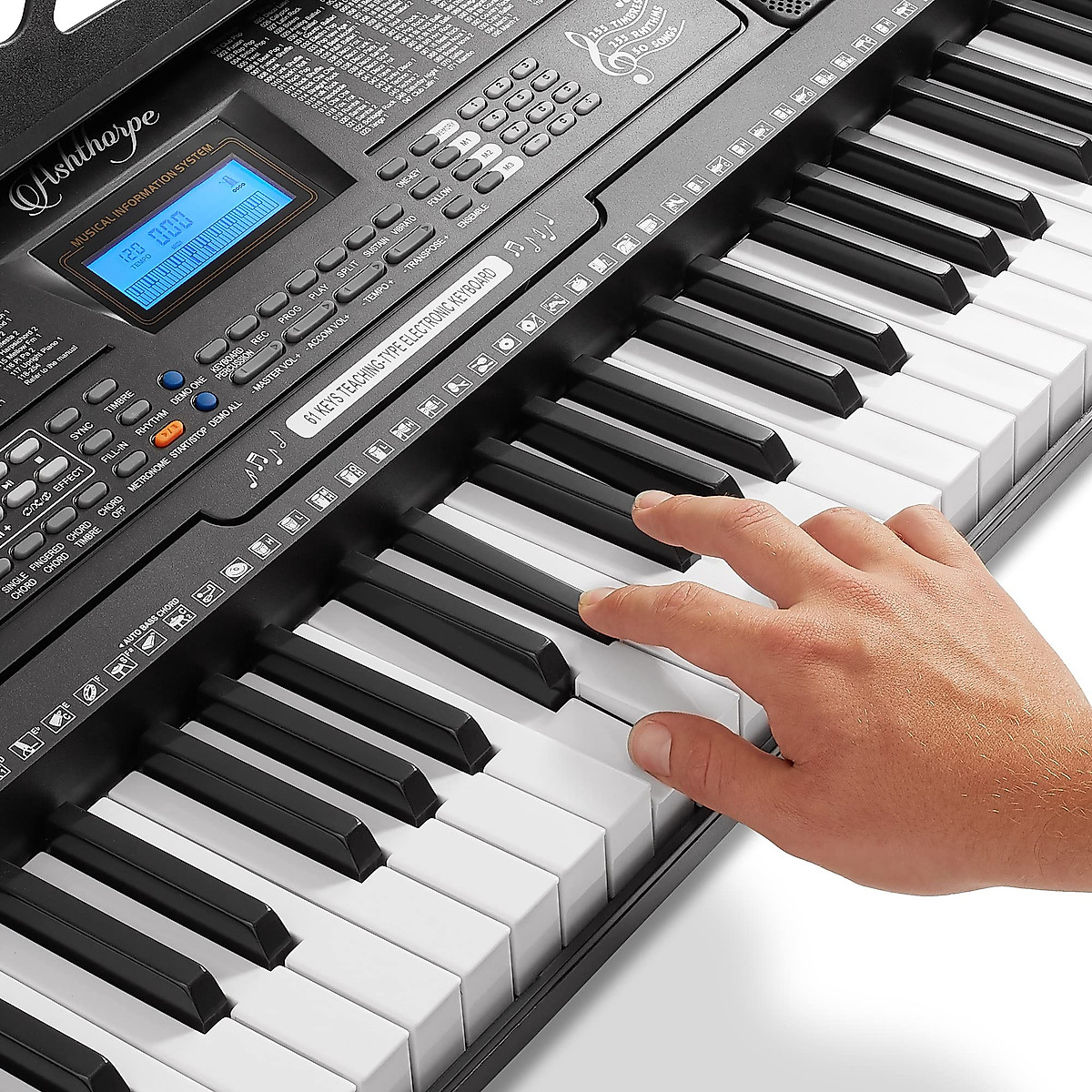 Ashthorpe 61-Key Digital Electronic Keyboard Piano with Full-Size Keys for Beginners, Includes Stand, Bench, Headphones, Mic and Keynote Stickers