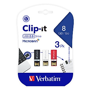 Verbatim 8GB Clip-It USB 2.0 Flash Drive Cap-less Thumb Drive Resistant to Water, Dust, and Static Discharge 3 Pack - Black, White, Red 98674