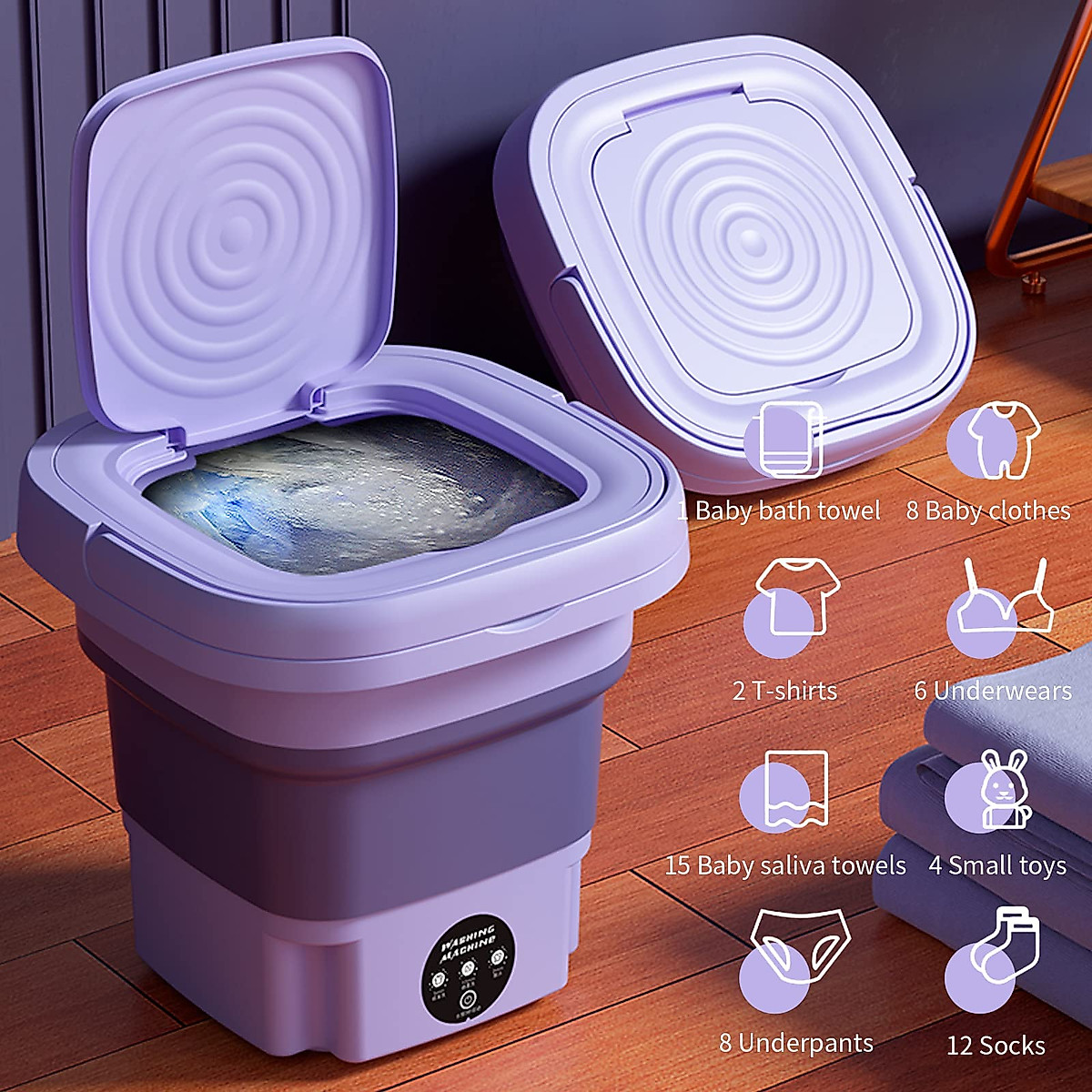 Portable Washing Machine,8L Foldable Mini Washing Machine,FOVXYVO Portable Washer for Underwear,Socks,Baby Clothes,Towels,Pet Items,Apartment,Hotel,RV,Home,Dormitory,Camping,Sickroom,Purple