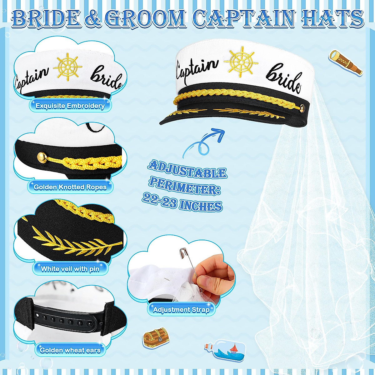 JaGely 4 Pcs Bachelor Bachelorette Party Accessories Groom Bride Captain Hat with Veil Groom Bride Sash for Bridal Shower(Elegant)