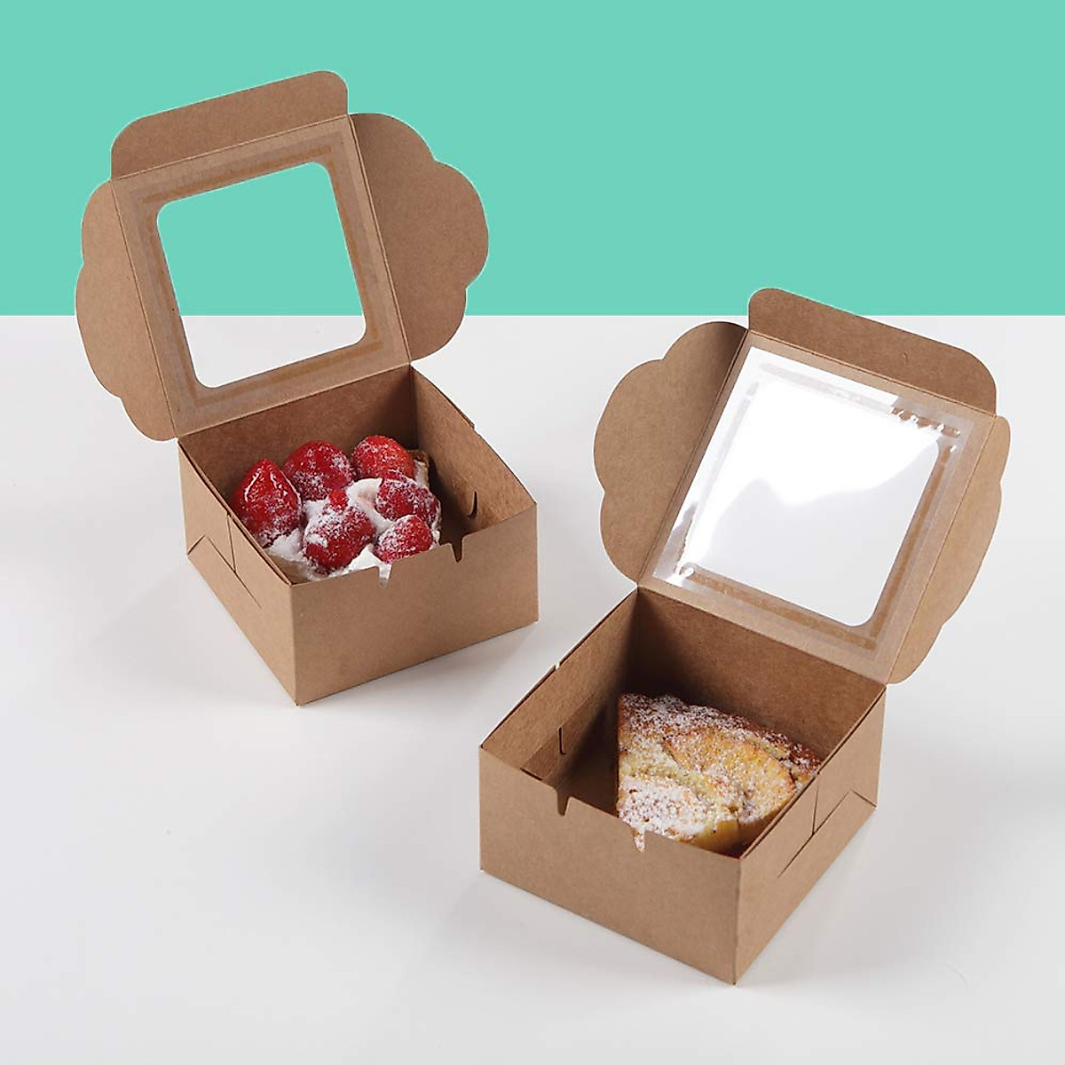 Bubbley Kraft Paper Bakery Boxes - 50-Pack Single Pastry Box 4-Inch, Packaging with Clear Display Window, Donut, Mini Cake, Pie Slice, Dessert Disposable Take-Out Container, Brown, 4 x 2.3 x 4 Inches