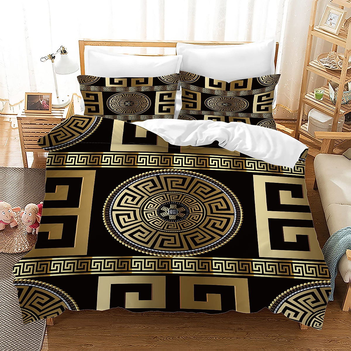 Retro Black Gold Greek Key Meander 3D Print Duvet Cover Set, 3D Geometric Gold Print Luxury Soft 3 Pieces Bedding Set Breathable with 2 Pillow Shams for Hotel Bedroom Decor (King, No Comforter)