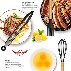 Silicone Cooking Utensils Set - 446°F Heat Resistant Silicone Kitchen Utensils for Cooking,Kitchen Utensil Spatula Set w Wooden Handles and Holder, BPA FREE Gadgets for Non-Stick Cookware (Black)