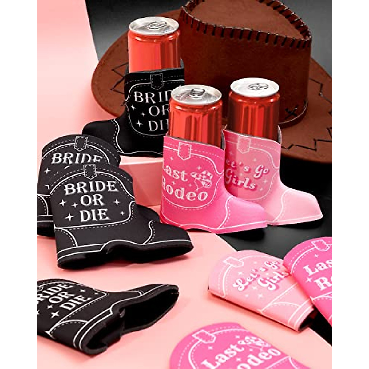 CiyvoLyeen Cowgirl Boots Can Coolers, 12PCS Bachelorette Party Can Sleeves Neoprene Insulator Drink Glasses Cup Holders for Disco Western Cowboy Women Girl Gifts Let's Go Girls Bride or Die Supplies