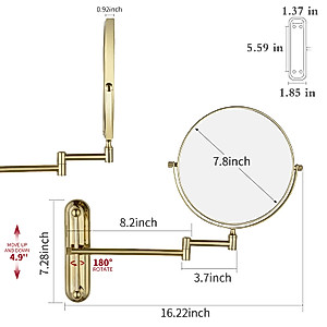 Nicesail 8 Inch Double-Sided Wall Mounted Mirror, Magnified 7X Makeup and Shaving Mirror, Height Adjustable-Gold