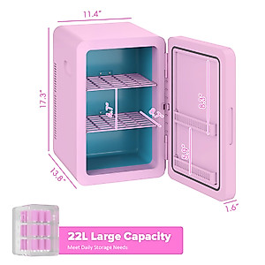 Kikihuose 22L/30Cans Mini Fridge for Bedroom, 12v DC Portable Cooler & Warmer, Mini Refrigerator with Glass Front, for Car Office Desk & Dorm Room Beverage Skincare Makeup (Fast Cooling Pink)