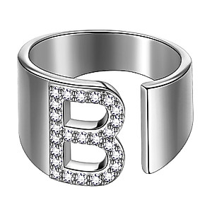 beautlace Letter B Rings Adjustable Silver Plated Initial B Alphabet Open Ring with Cubic Zirconia Jewelry for Men and Women KR0037B-W