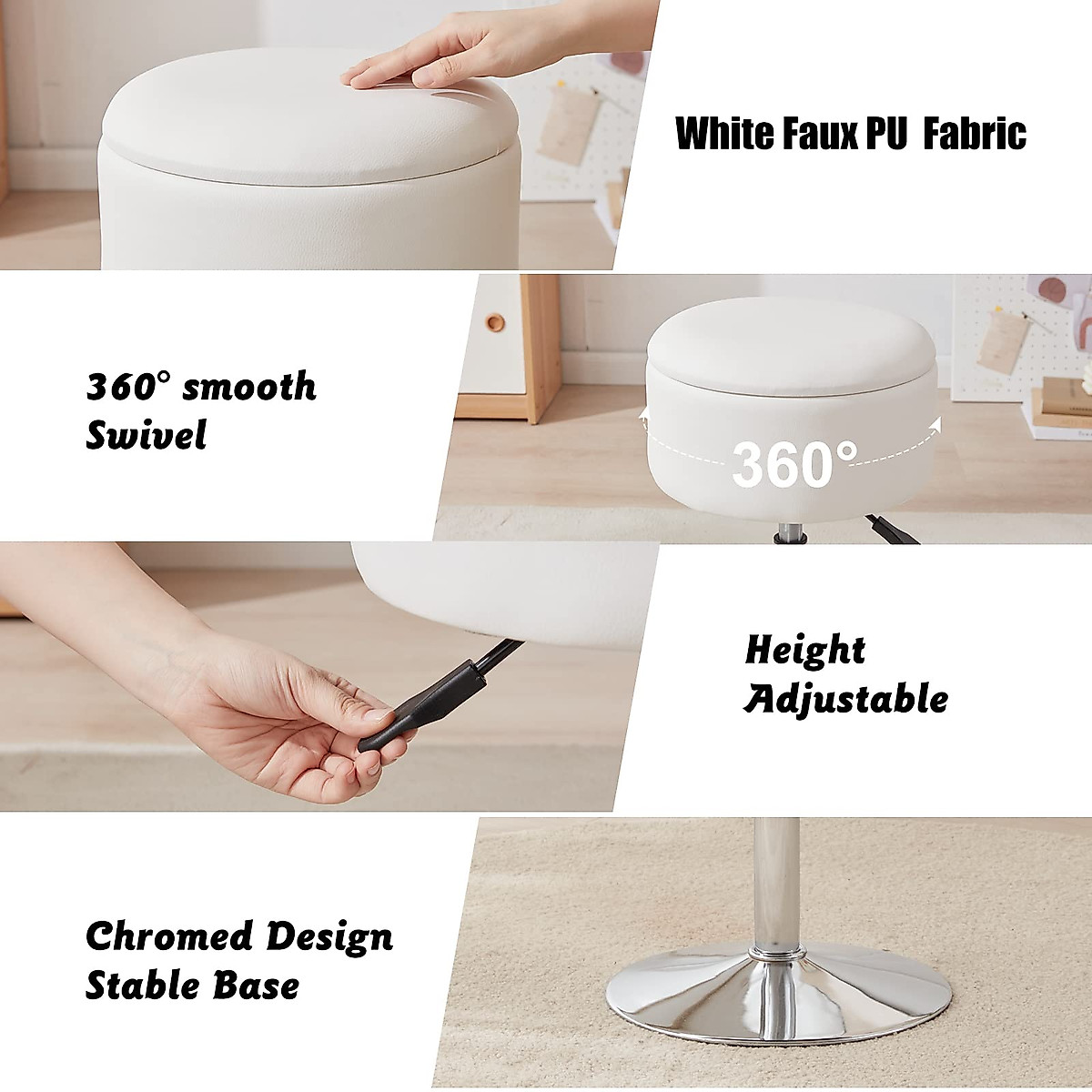 RUCUKEN Adjustable Ottoman Stool White Vanity Stool Vanity Chair for Makeup Room Stool Chair for Vanity Stool with Storage Makeup Stools with Storage Swivel Makeup Chair for Bathroom Faux Leather