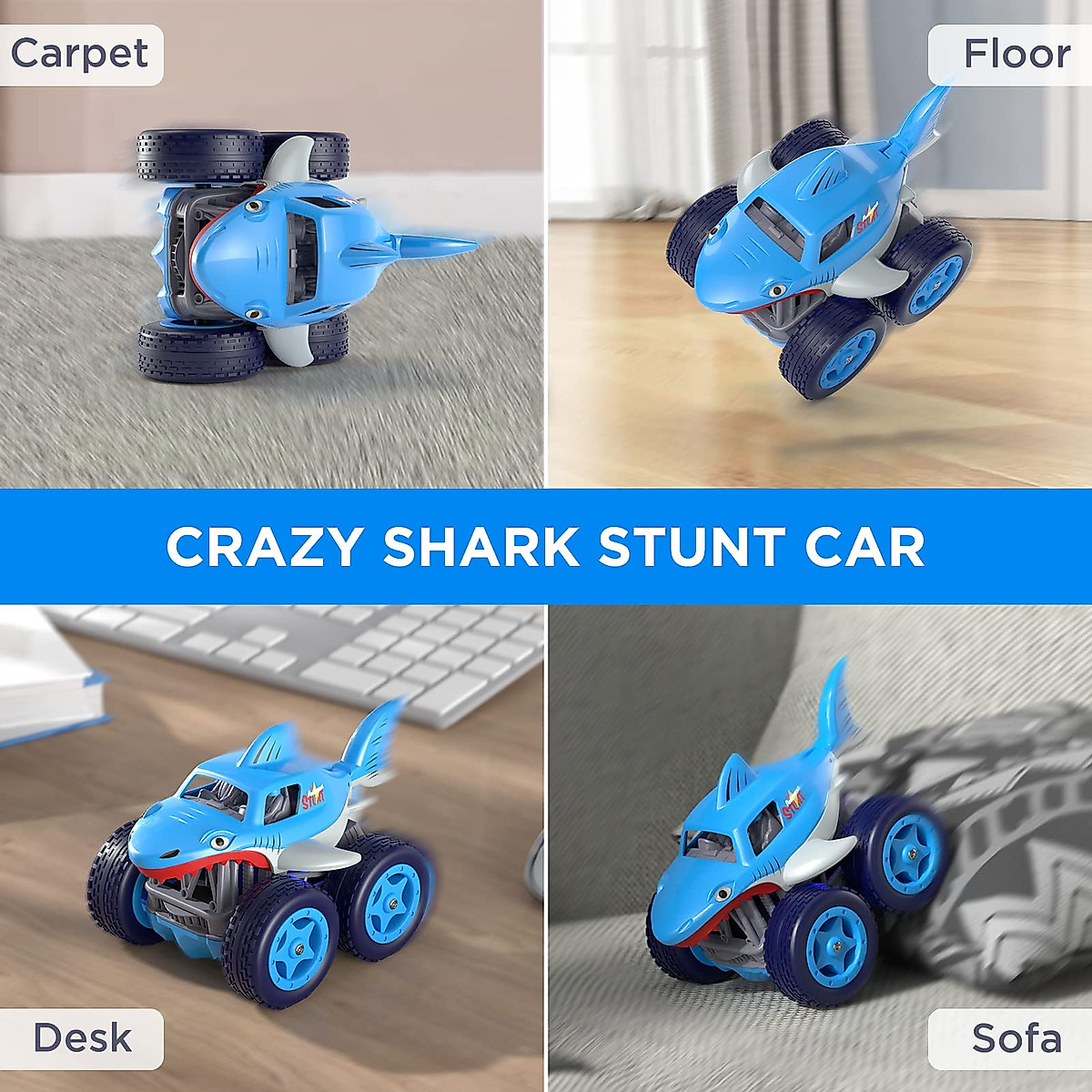 MaxTronic Mini Remote Control Car, 4WD 2.4Ghz Remote Control 360° Rotating Built-in Rechargable Battery Fast Mini Stunt RC Car, Shark Car Truck Toys Gifts for 3-12 Years Old Boys Girls