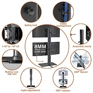 Dual Monitor Stand - Vertical Stack Screen Free-Standing Monitor Riser Fits Two 13 to 34 Inch Screen & Clear Tempered Glass Computer Monitor Riser with Height Adjustable Multi Media Desktop Stand