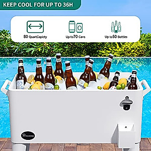 YITAHOME 80 Quart Rolling Cooler Cart with Bottle Opener Drainage, Portable Patio Cooler Rolling on Wheels, Outdoor Rolling Beverage Cart Drink Cooler for Patio Pool Deck Party Cookouts (White)