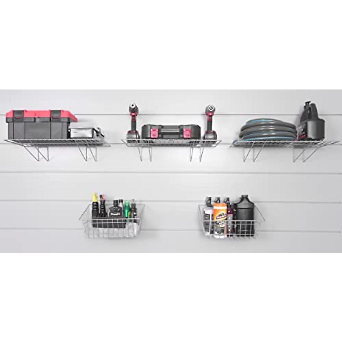 Crownwall Steel Shelf and Basket Organizer Value Kit with 5 Heavy Duty Shelves and Baskets for Storage and Organization, Compatible Slatwall