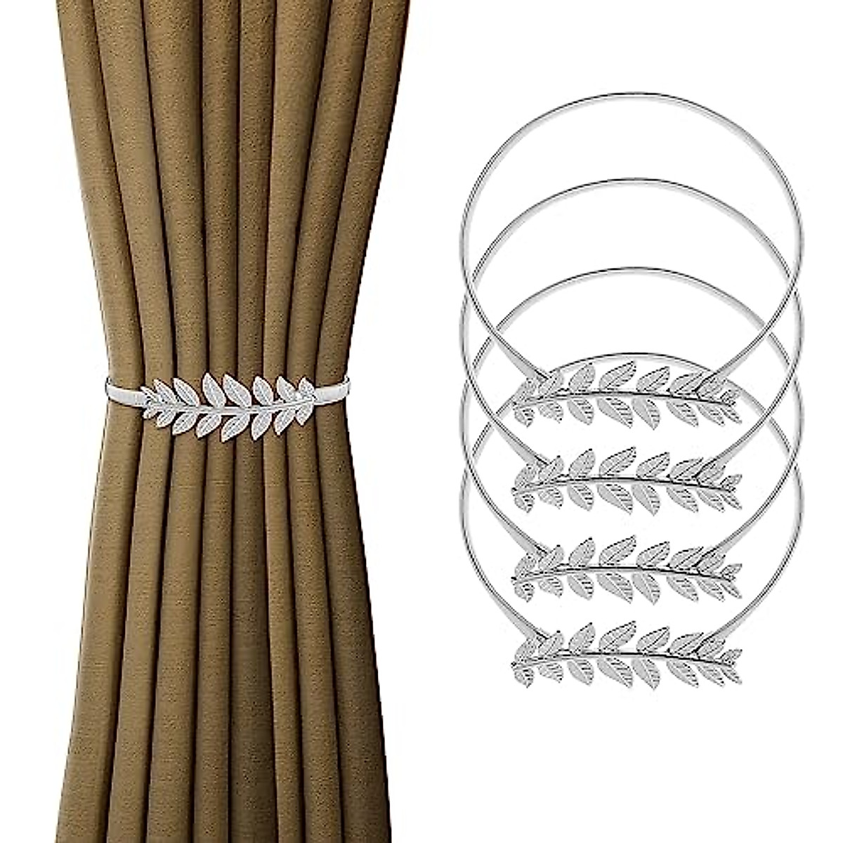 Amaxiu Curtain Tiebacks, 4 Pack Leaf Carving Design Curtain Holdback Adjustable Curtain Ties for Drapes Decorative Modern Style Curtain Drapery Wall Hooks Hanger Window Treatment Holdbacks(Silver)