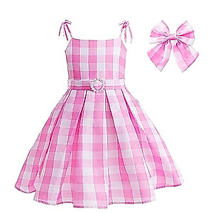 uivic Pink Costume for Girls, Doll Movie Cosplay Outfit Pink White Gingham Dress for Kids Party Birthday Dress Up (Pink1 with accessories, 7Years-8Years)