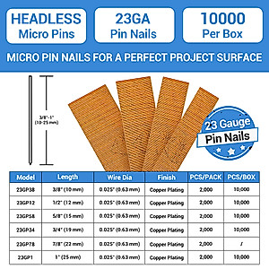 meite 23 Gauge Pin Nails, 1/2-Inch Micro Headless Pins for Pin Nailer - Copper Plated Pins Nails for Nail Gun, Ideal for Fine Woodworking and Trim Work (10,000 PCS)
