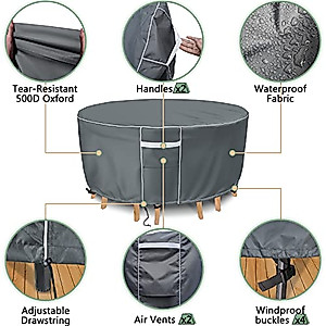 Gasadar Patio Furniture Covers, Round Outdoor Furniture Cover Waterproof, 500D Heavy Duty, 62" Dia x 28" H Round Patio Table Cover, Outdoor Cover for Patio Furniture Table and Chairs Set -Grey