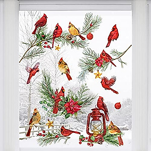 Mfault Winter Cardinals Window Clings 9 Sheets, Christmas Red Birds Glass Stickers Decal Poinsettia Pine Cone Bedroom Decorations, Xmas Kerosene Lamp Tree Branches Home Kitchen Living Room Decor
