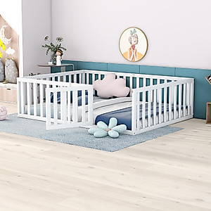 Harper & Bright Designs Full Size Floor Bed with Rails,Montessori Floor Bed Wood Frame with Fence and Door, for Kids Girls Boys (White)