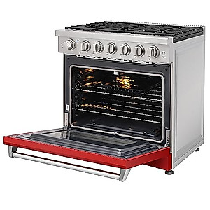 KOSTCH 36 inch Professional Freestanding Pro-Style Natural Gas Range or Liquid Propane Gas Range with 6 Burners, 6.0 cu.ft. Oven Capacity, in Stainless Steel - KOS-36RG03M (Red)
